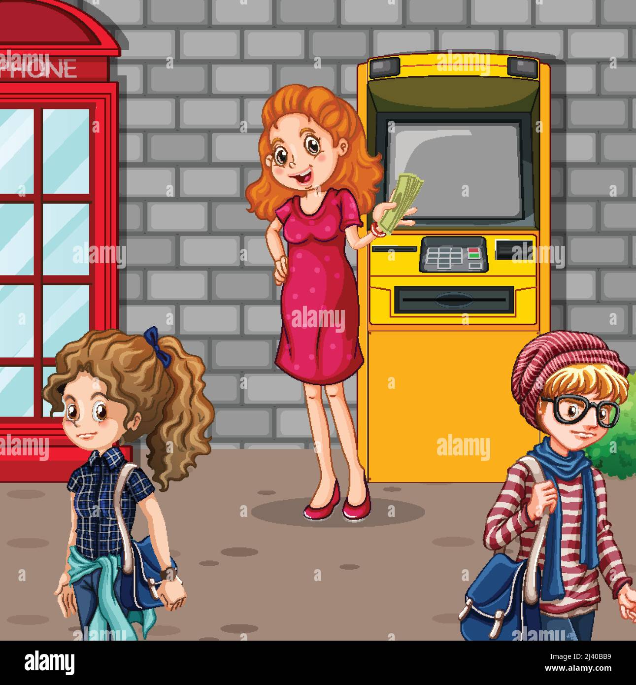 ATM machine street scene with people illustration Stock Vector Image ...