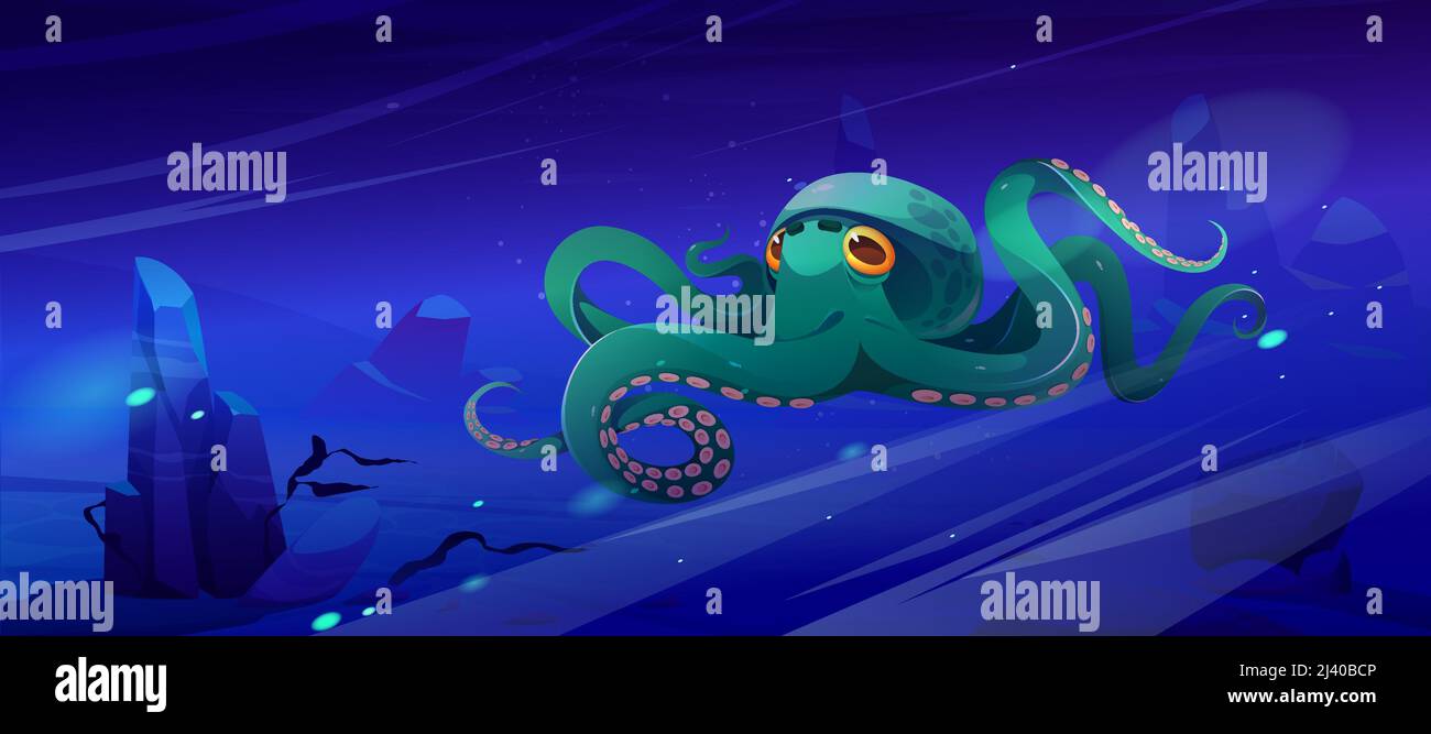 Cartoon octopus sea animal, underwater ocean creature with green skin ...