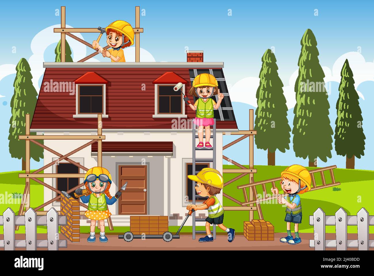 House construction site with workers cartoon illustration Stock Vector ...