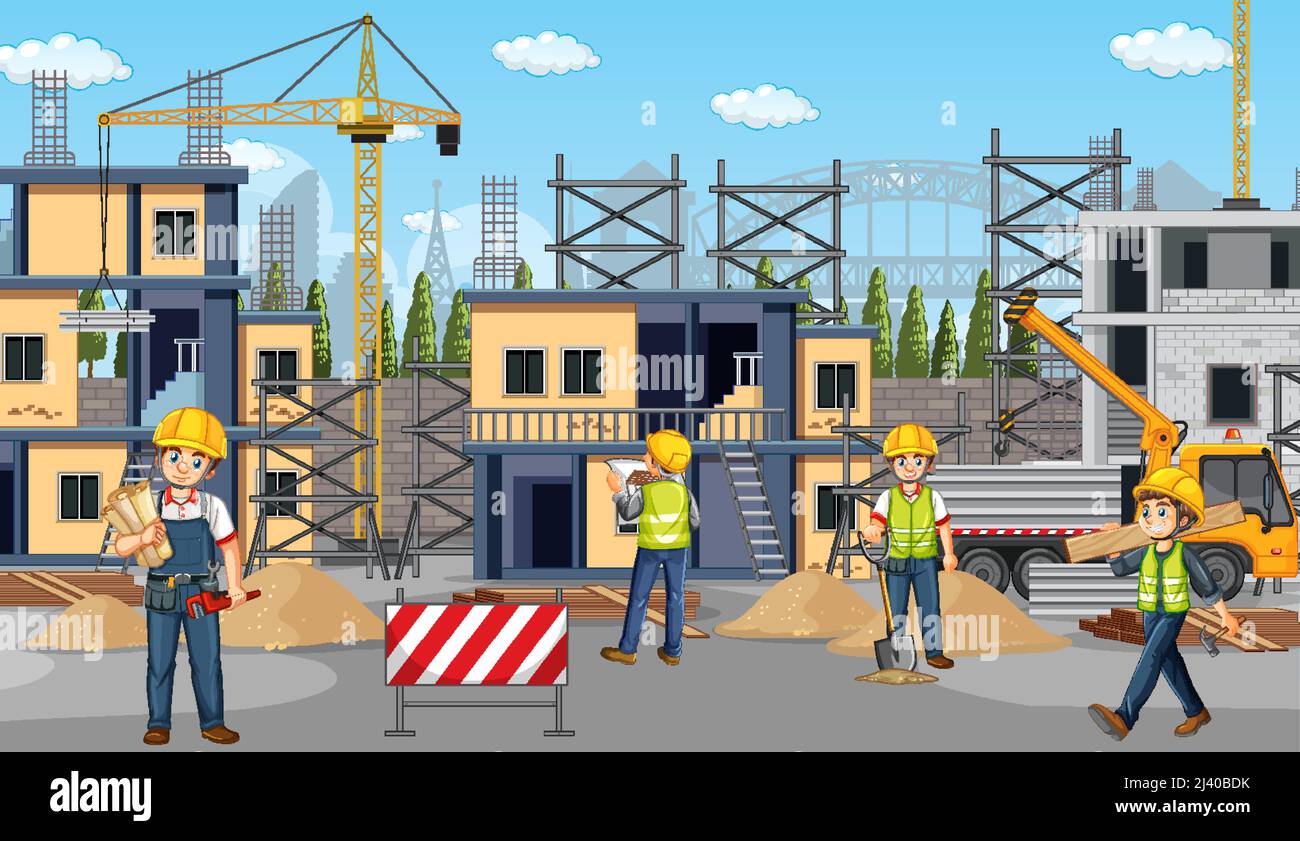 Building construction site with workers illustration Stock Vector Image ...