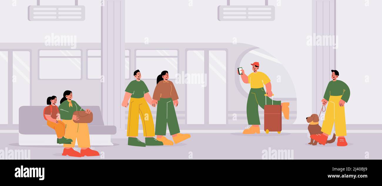 Railway station with people on platform and train. Vector cartoon ...