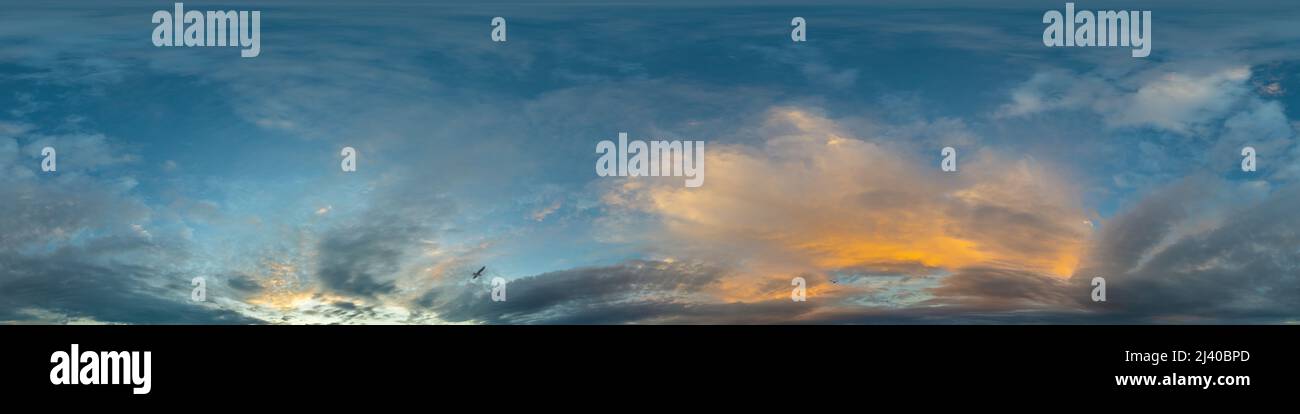 Dark blue sunset sky panorama with golden Cumulus clouds. Seamless hdr ...