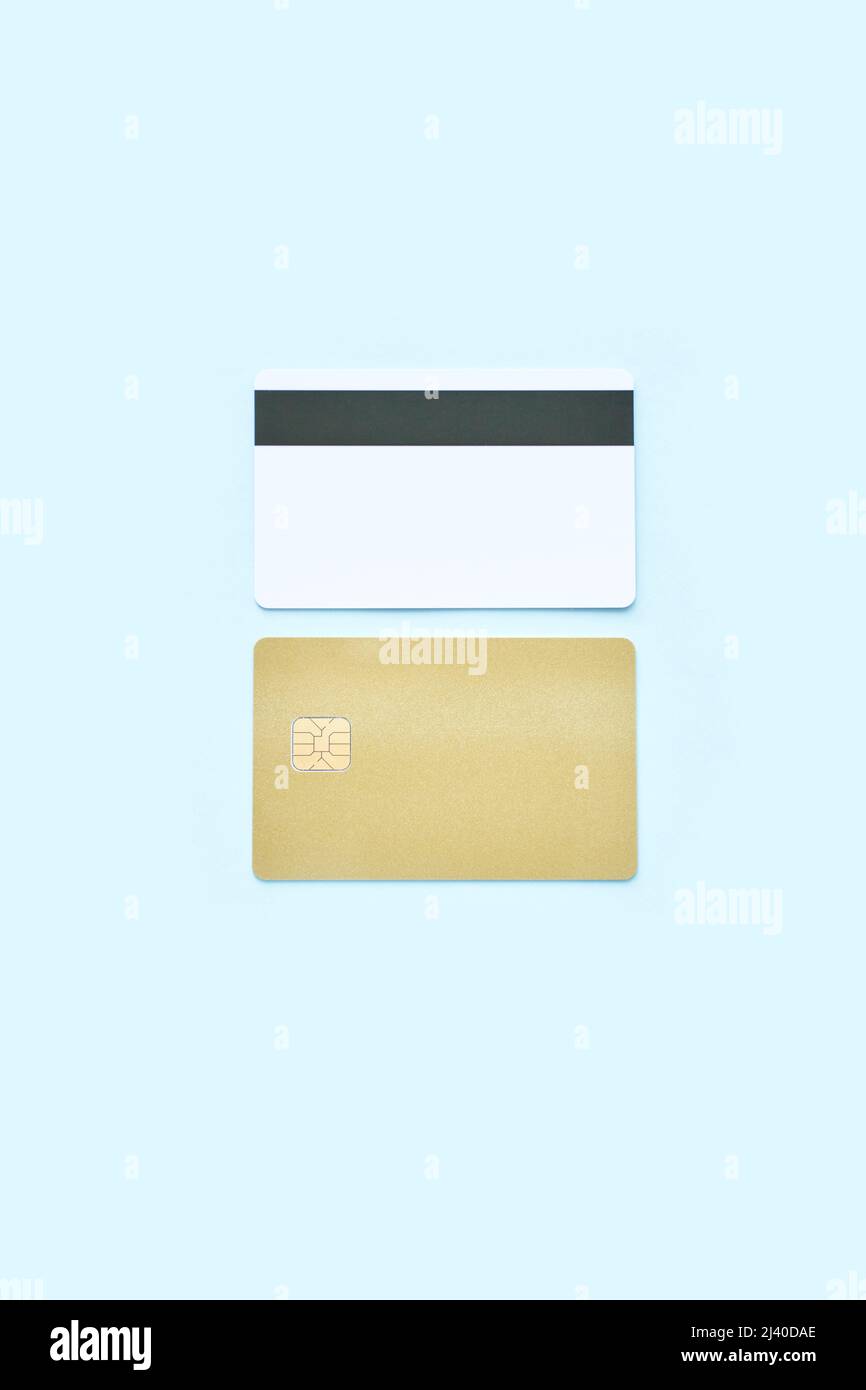 Plastic credit card mockup. Color blue and gold background. Atm empty ...