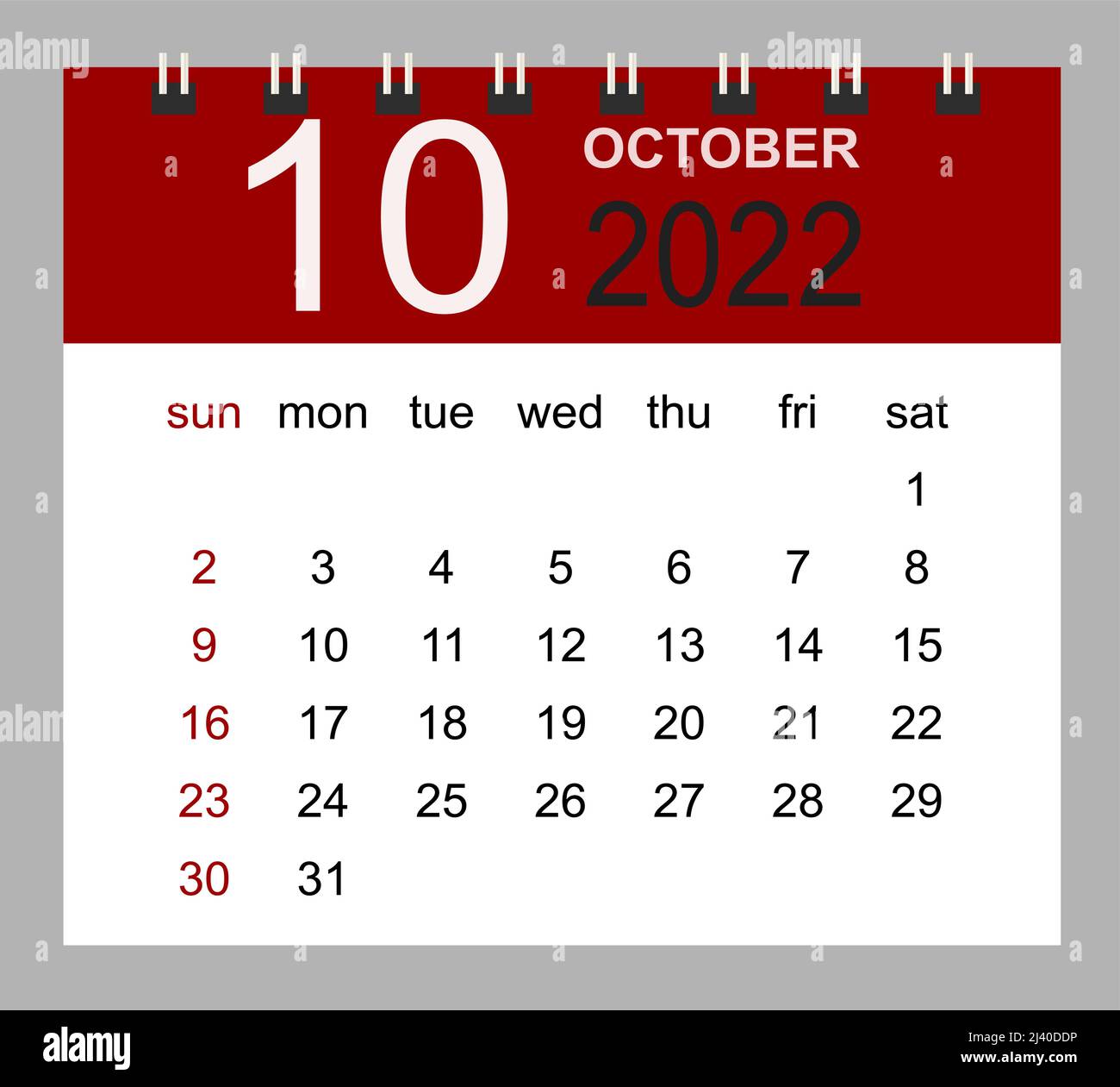 October 2022. Vector monthly calendar template 2022 year in simple ...