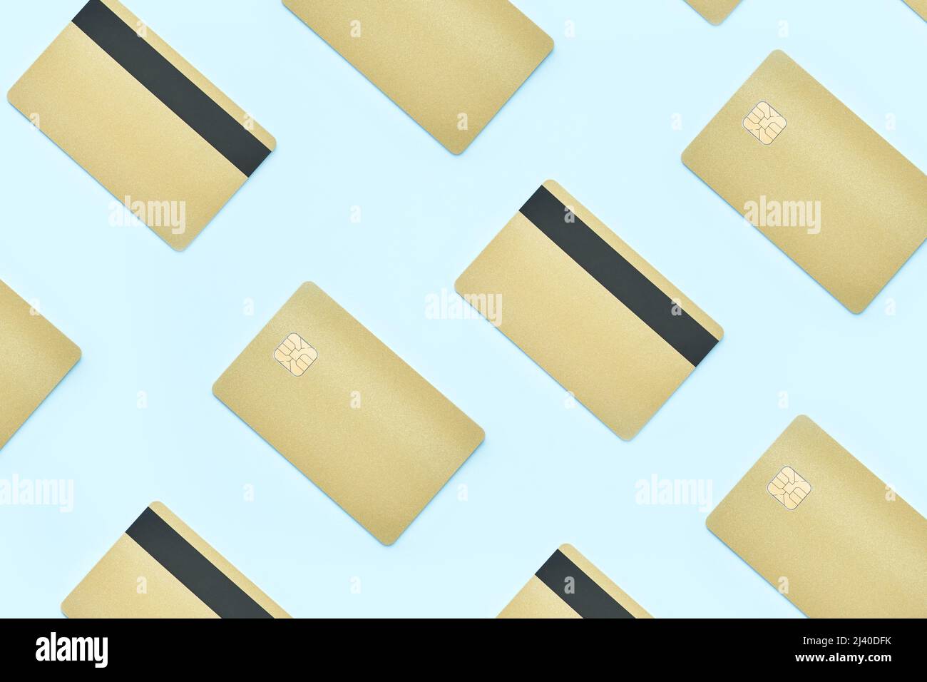 Plastic credit card mockup. Color blue and gold background. Atm empty ...
