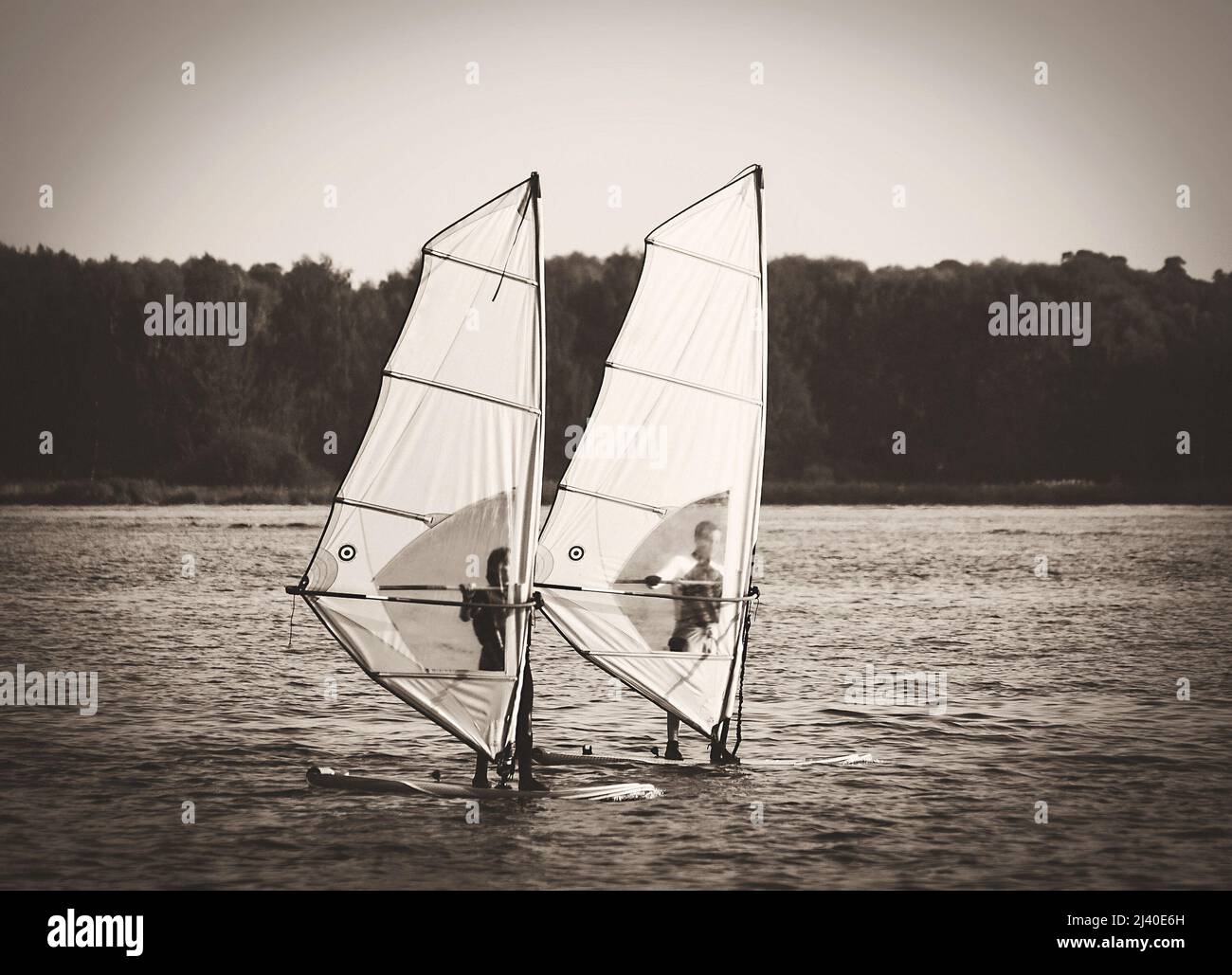 couple windsurfing on windless lake Stock Photo - Alamy