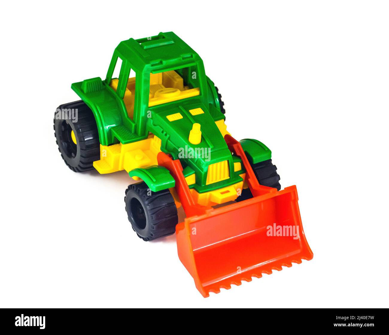 colorful plastic toy wheeled tractor loader excavator, isolated Stock ...