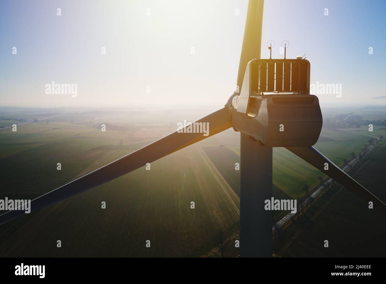 Aerial view of close up windmill turbine in countryside area, Wind ...