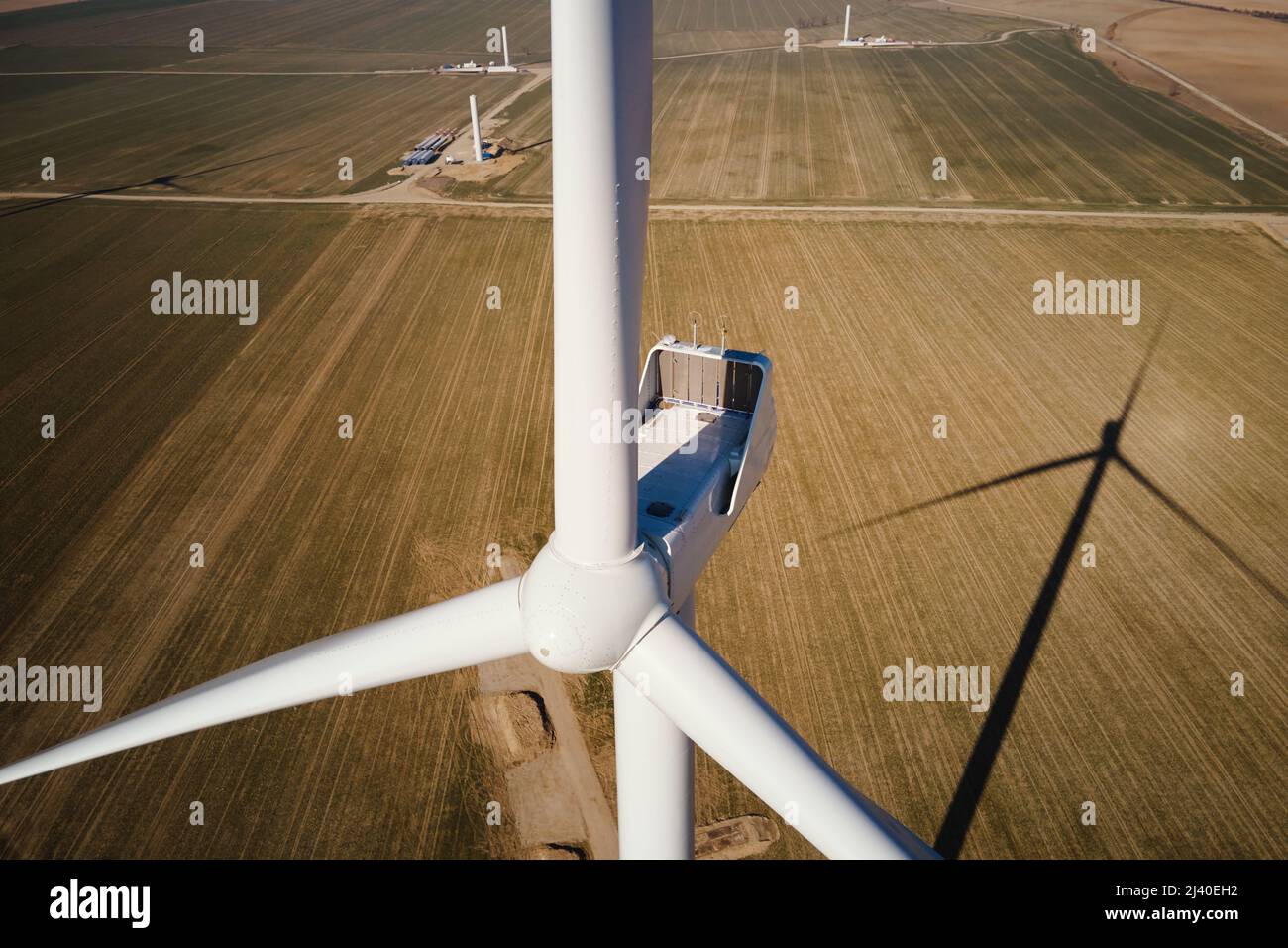 Aerial view of close up windmill turbine in countryside area, Wind ...