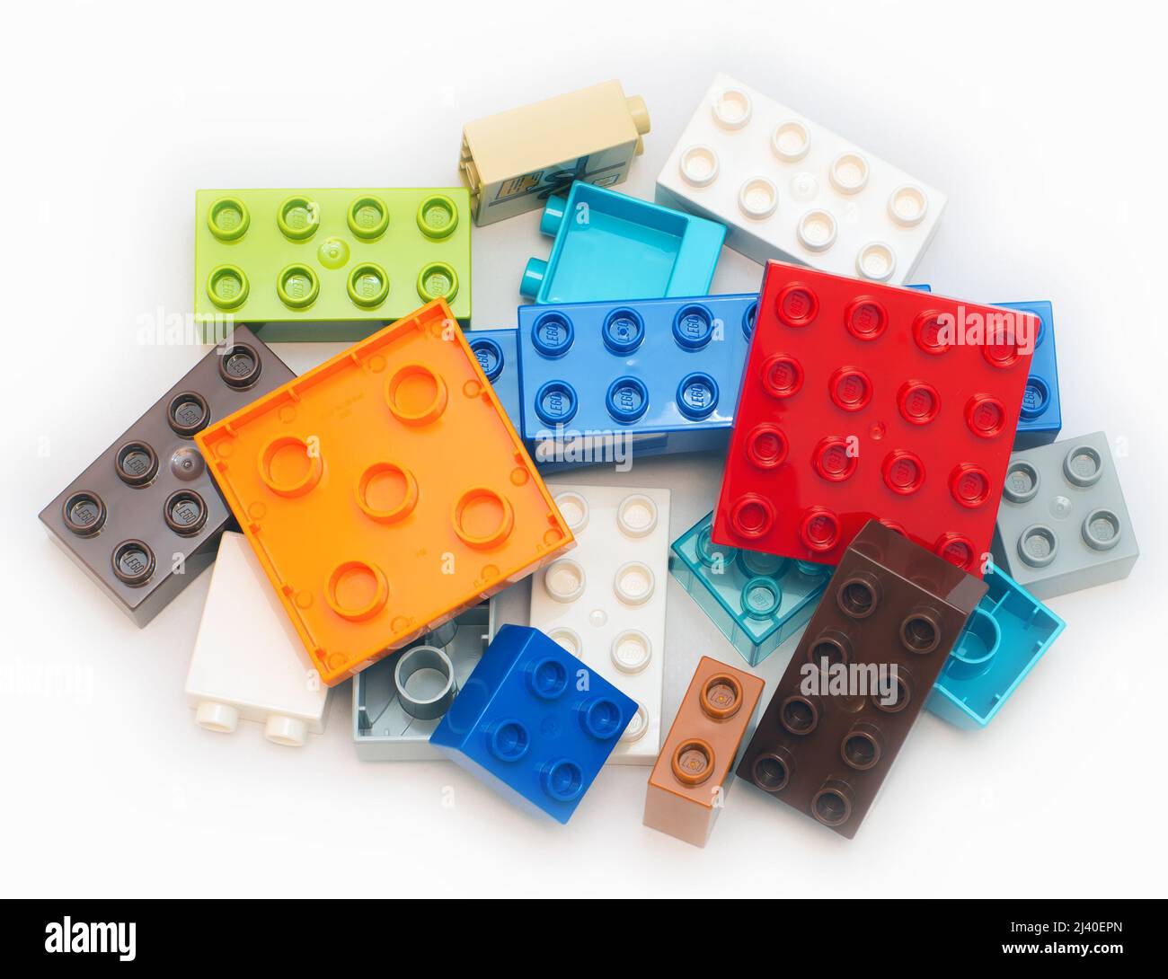 2021: pile of Lego constructor bricks on white Stock Photo - Alamy