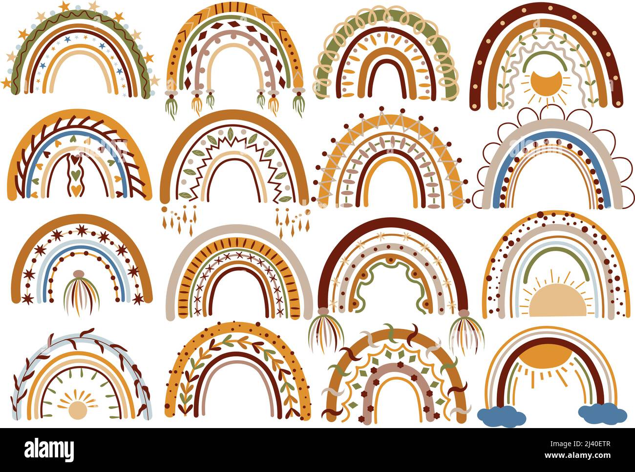 Collection boho rainbows with hearts, leaves, cloud. Modern ...