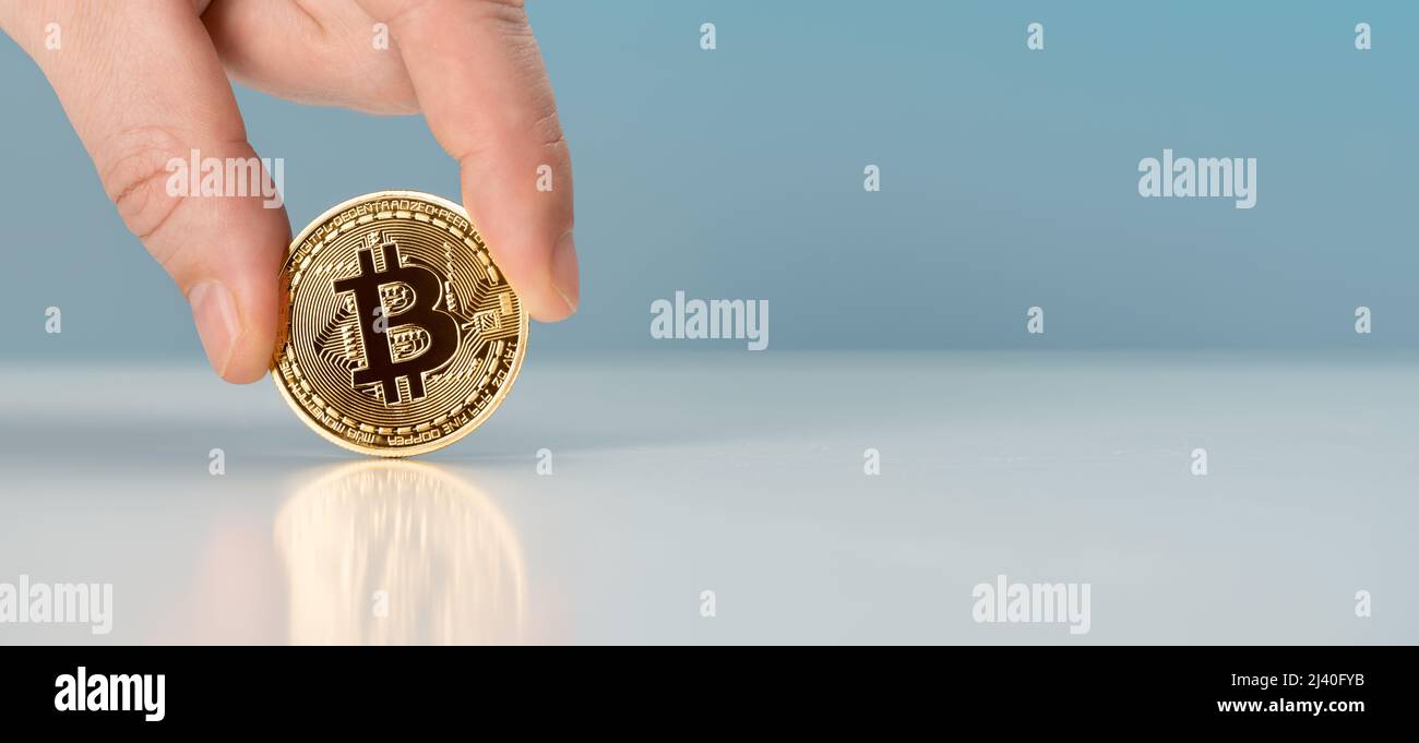 Man hand hold golden bitcoin. Golden Bitcoin coin on blue background ...