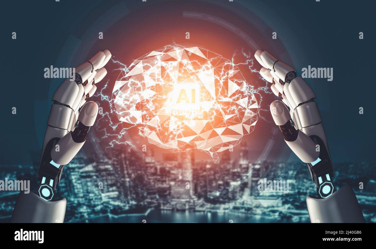 3D rendering futuristic droid robot technology development, artificial ...