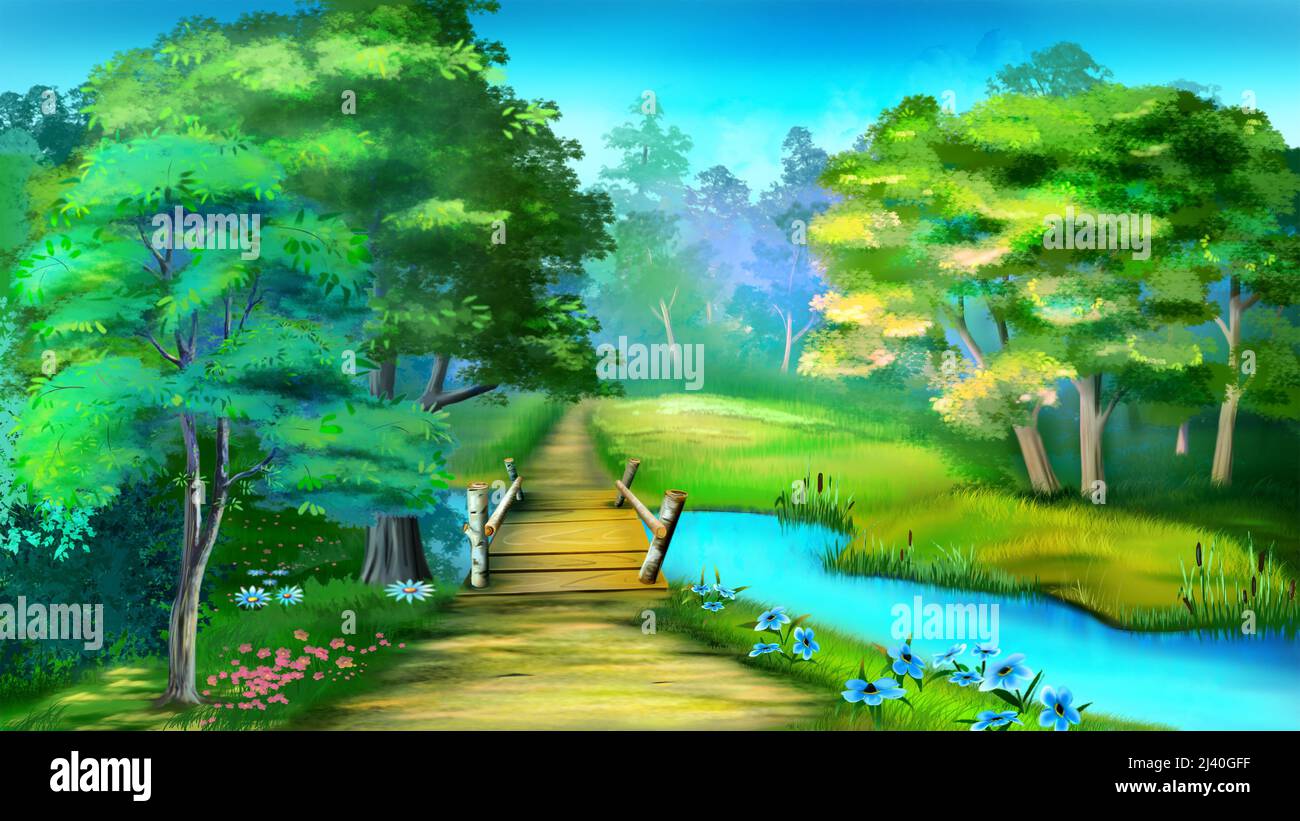 Small wooden bridge over a forest stream. Digital Painting Background ...