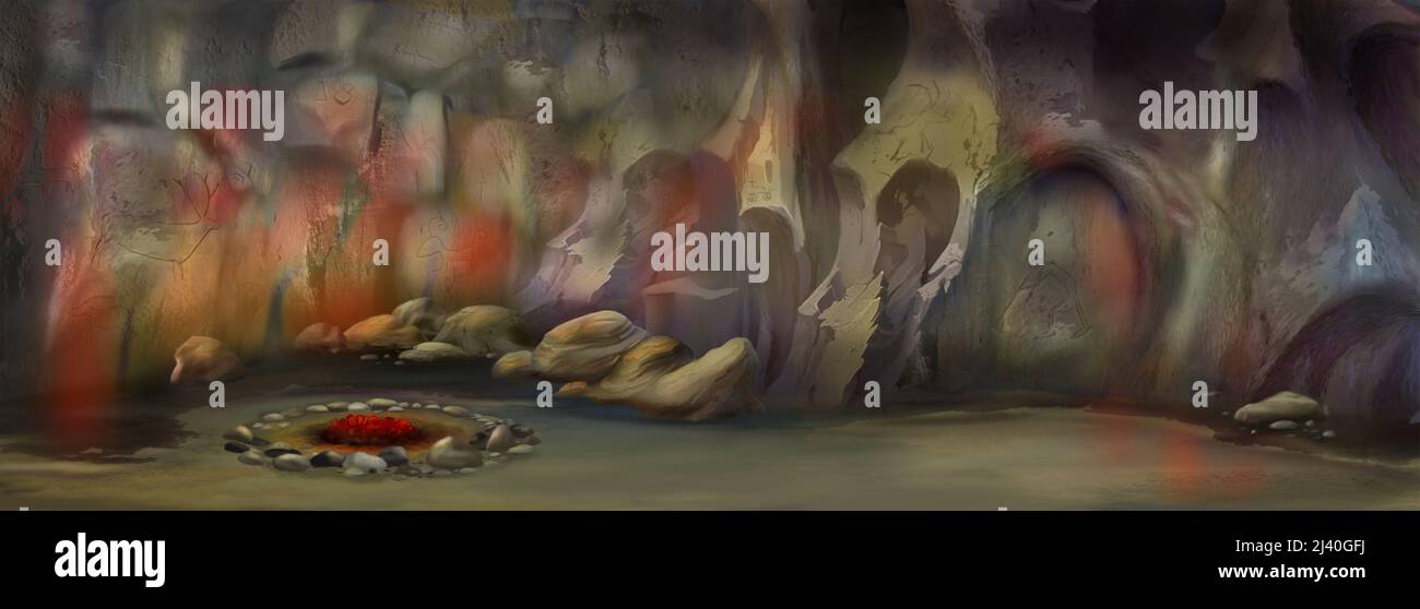 Caveman cave in prehistoric era. Digital Painting Background ...