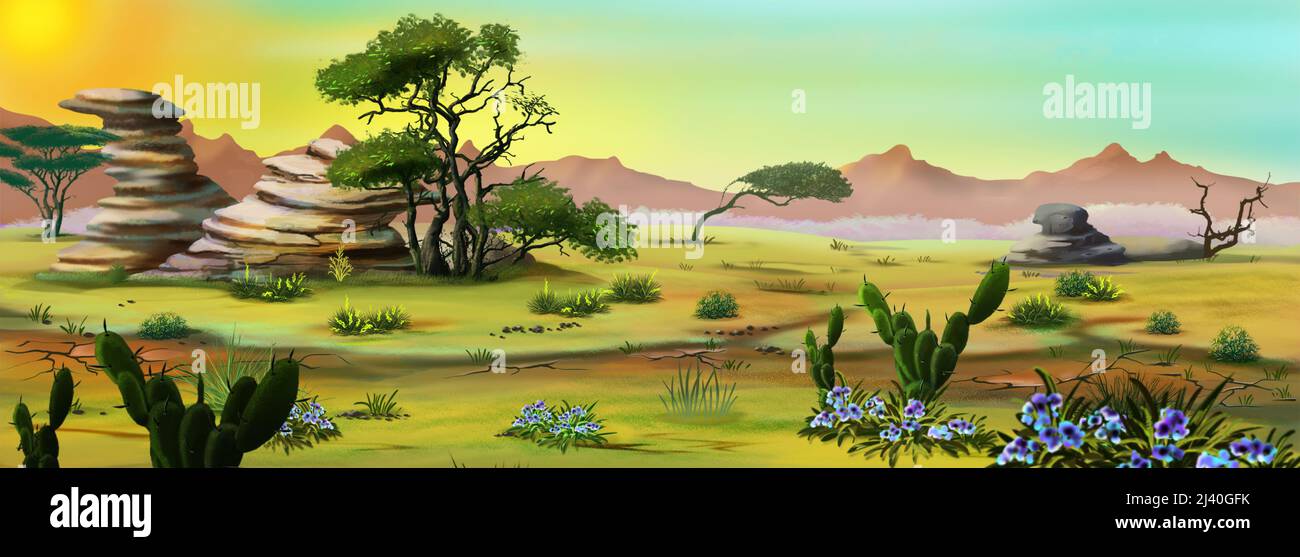 Desert landscape of the African savannah in the early morning. Digital ...
