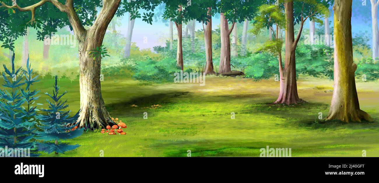 Forest glade on a sunny summer day. Digital Painting Background ...