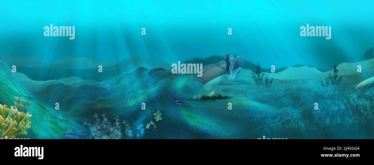 Underwater landscape in the deep sea. Digital Painting Background ...