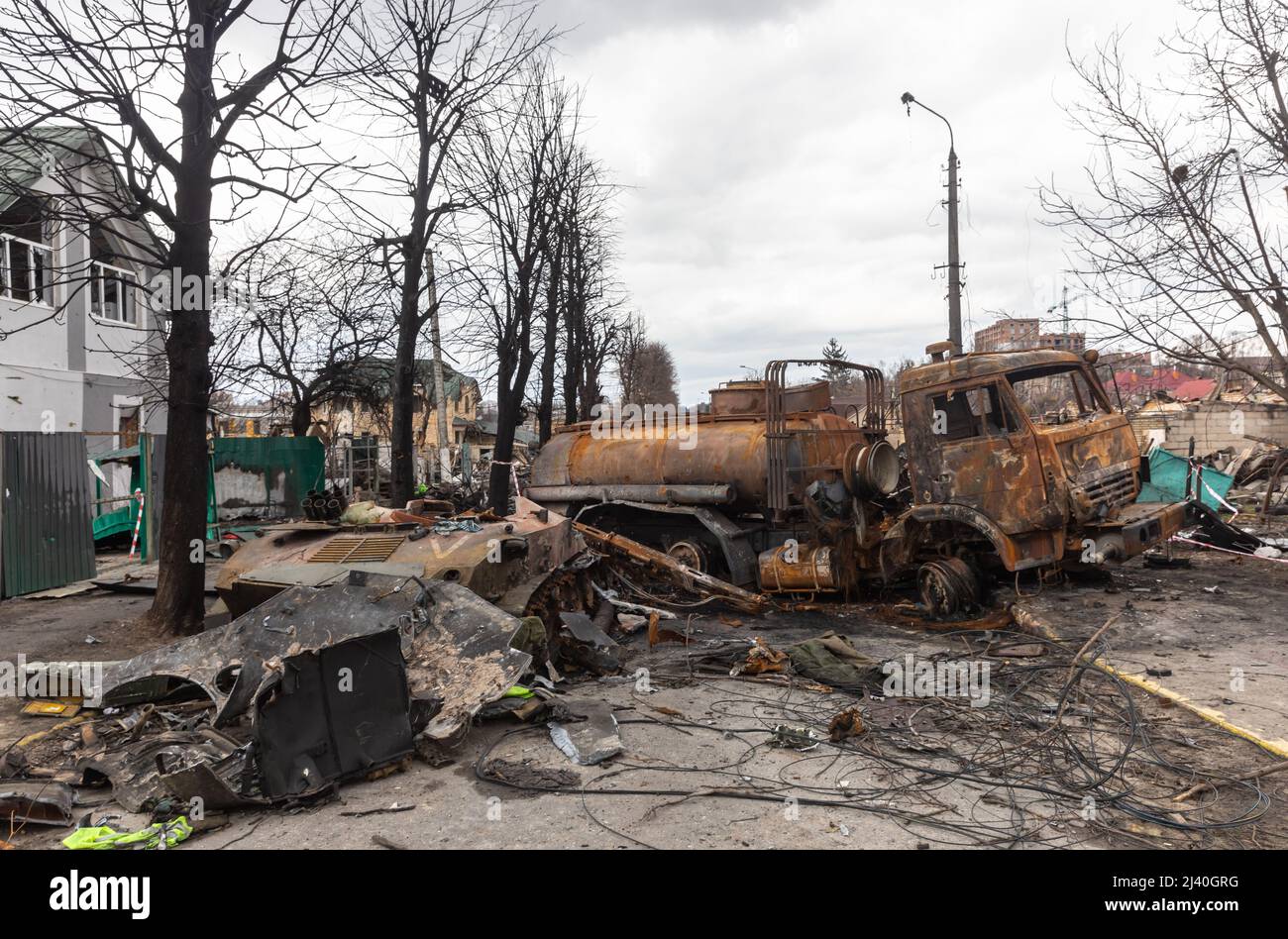 Bucha, Ukraine. 06th Apr, 2022. The destroyed military equipment of the ...