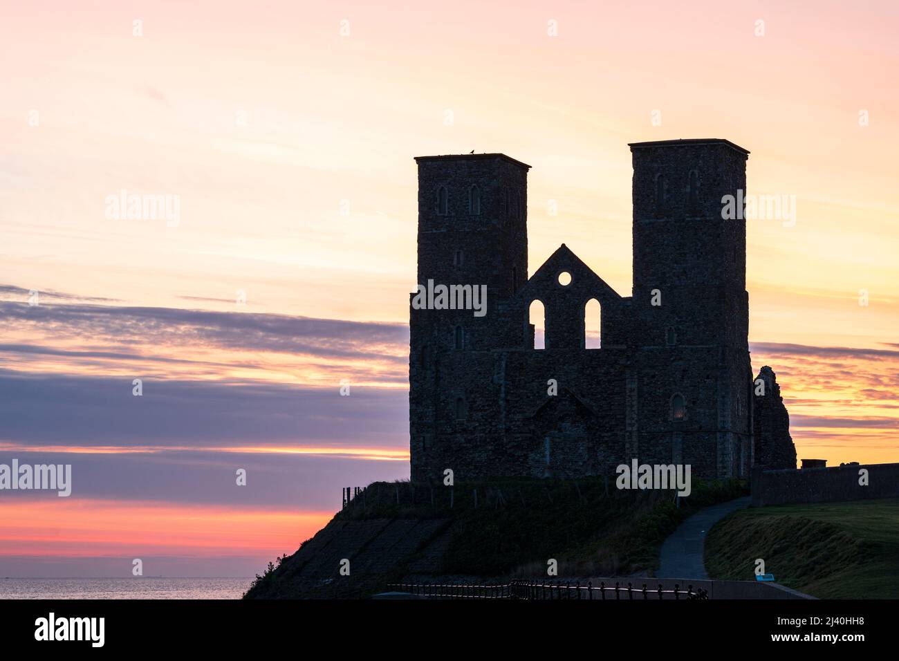 The 12th century twin towers of the ruined church at Reculver on the ...
