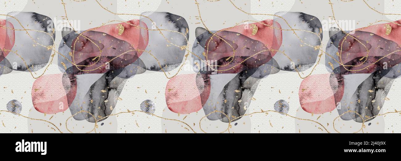 Seamless watercolor abstract organic blob shape overlay with gold lines ...