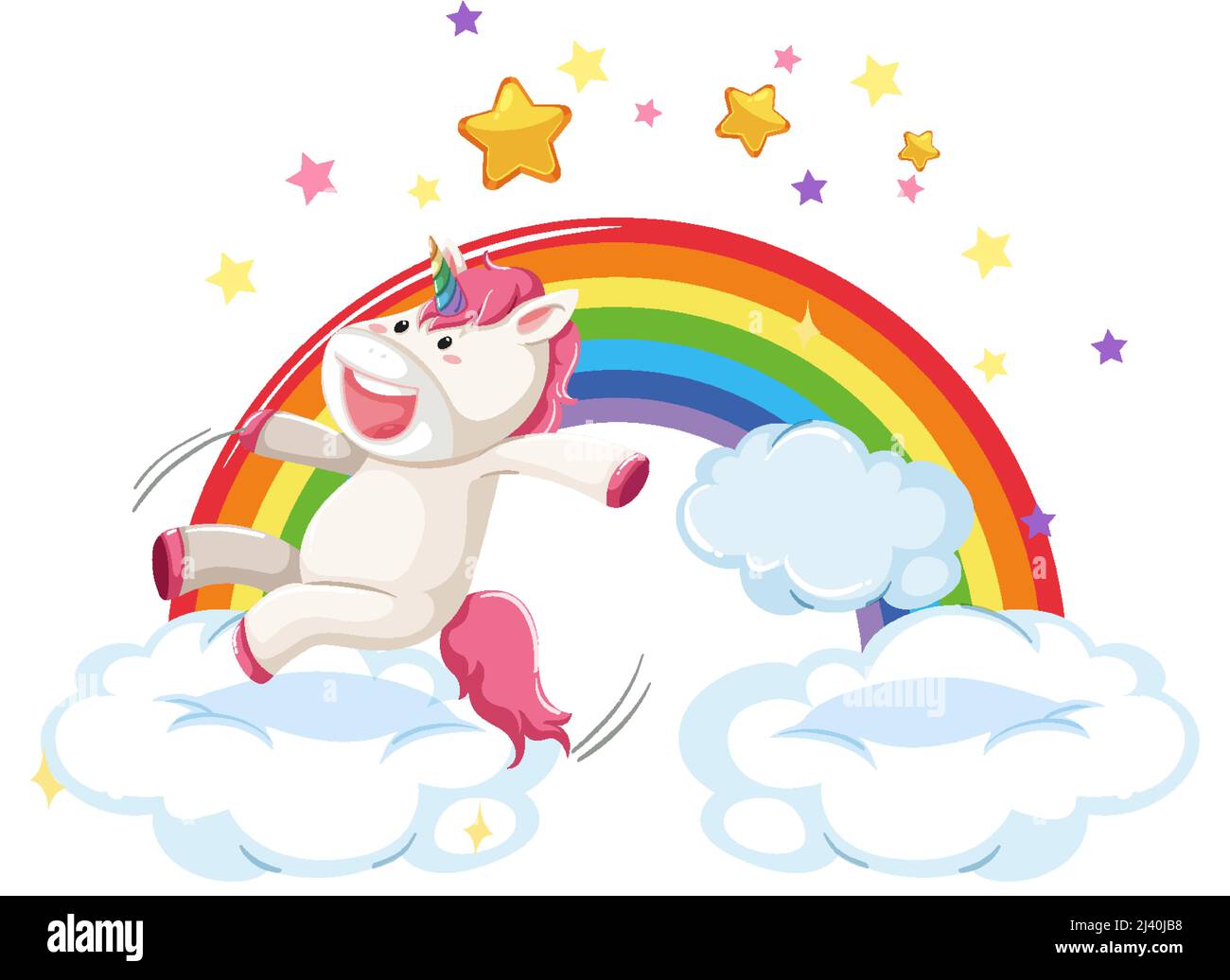 Pink unicorn jumping on a cloud with rainbow illustration Stock Vector ...