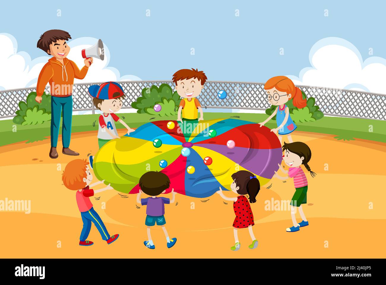 Kids doing physical activity with colourful balls illustration Stock ...