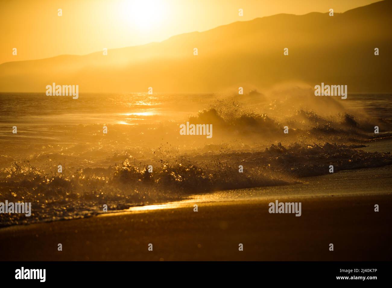 Gold sky and sea water. Sunrise background. Sunset with large yellow ...