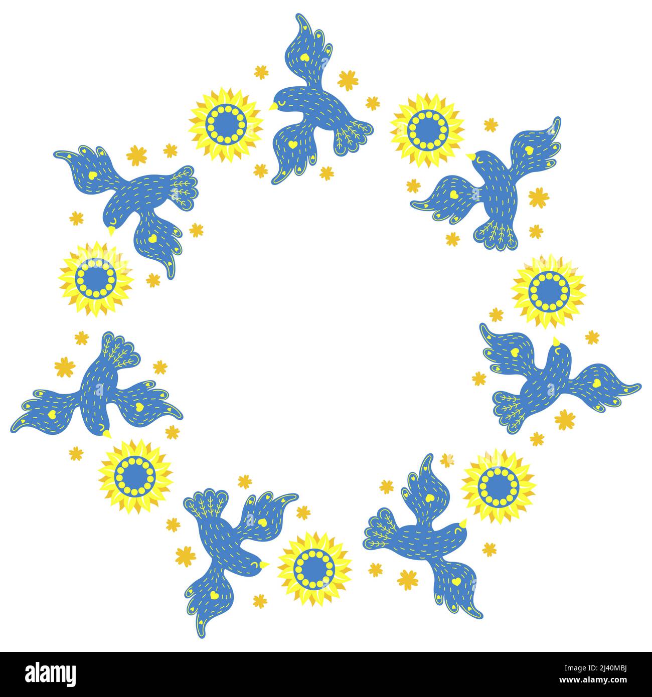 Round frame with blue birds dove and yellow flowers sunflower. napkin ...