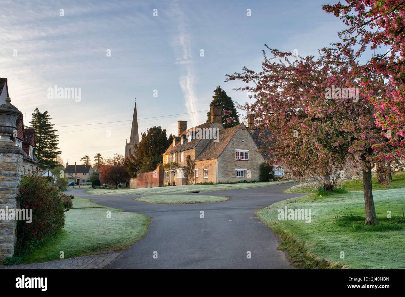 Early frosty spring morning in the village of Tredington, Warwickshire ...