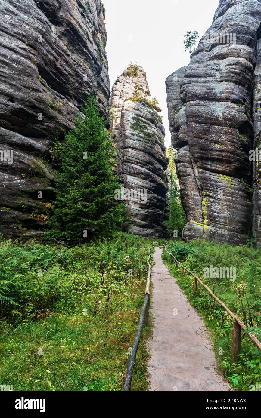 Teplicke skaly rock town with rock towers and hiking trail in Czech ...