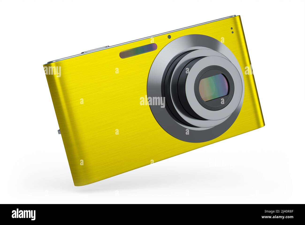 Stylish yellow compact pocket digital camera isolated on white ...