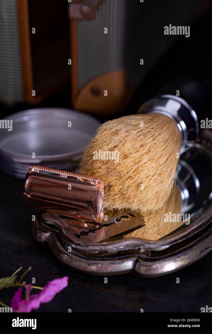 antique objects from the 50s, with shaving brush, razor Stock Photo - Alamy