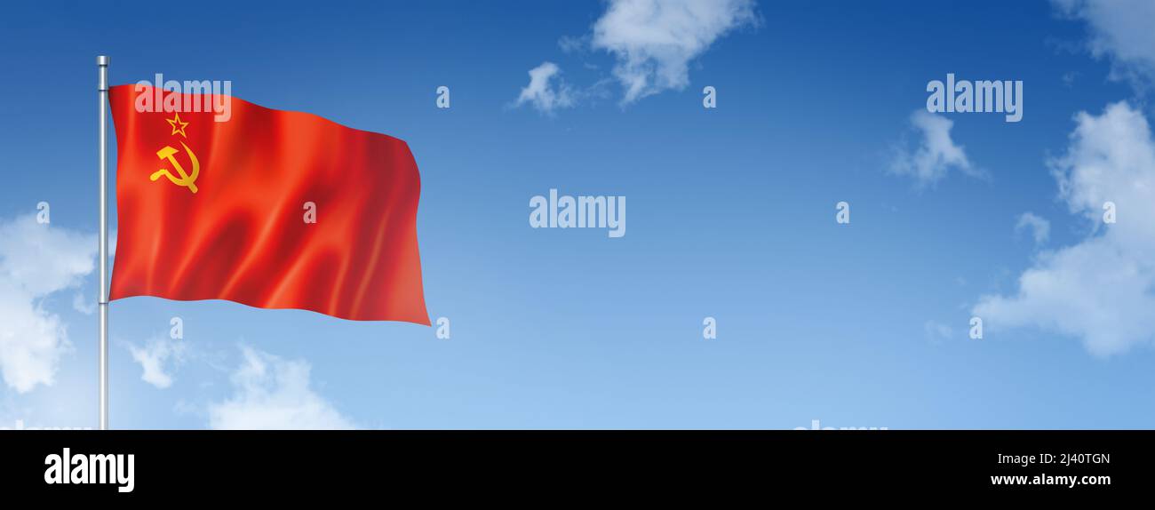 USSR, Soviet Union flag, three dimensional render, isolated on a blue ...