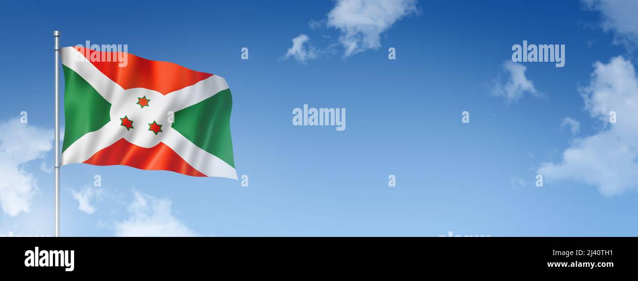 Burundi flag, three dimensional render, isolated on a blue sky. Horizontal banner. 3D ...