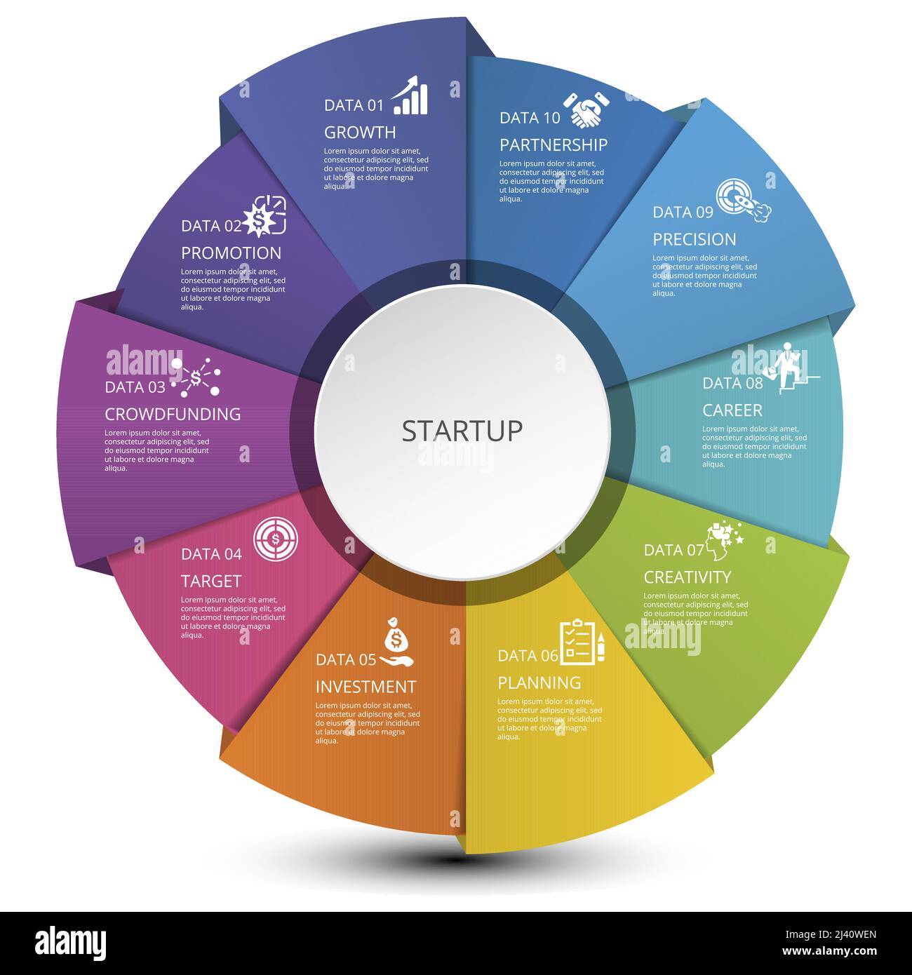 Infographic Startup template. Icons in different colors. Include ...