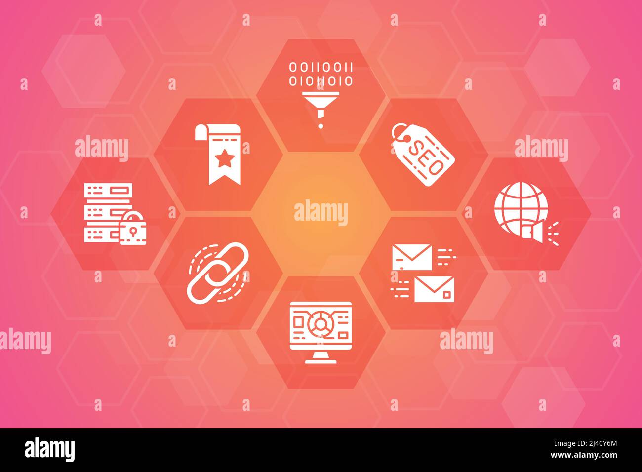 SEO vector illustration for business presentation. Bookmark, Hosting ...