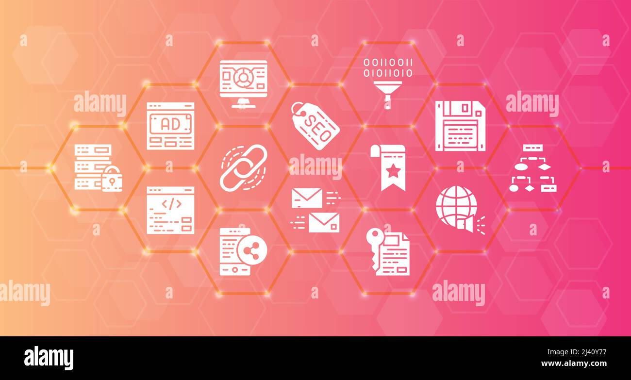 SEO modern icons line banner. Bookmark, Hosting, Hyperlink ...