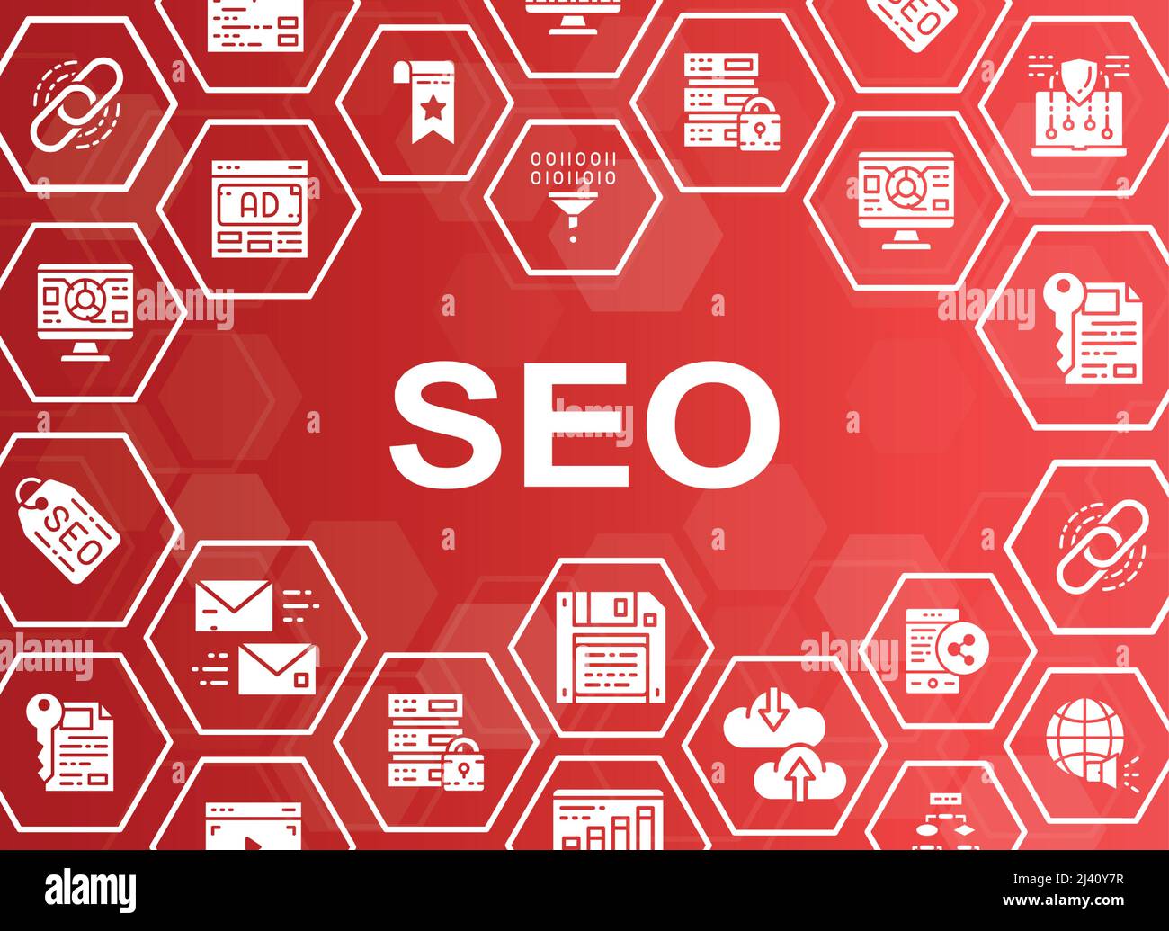 SEO icons banner. Bookmark, Hosting, Hyperlink, Advertisement, Data ...