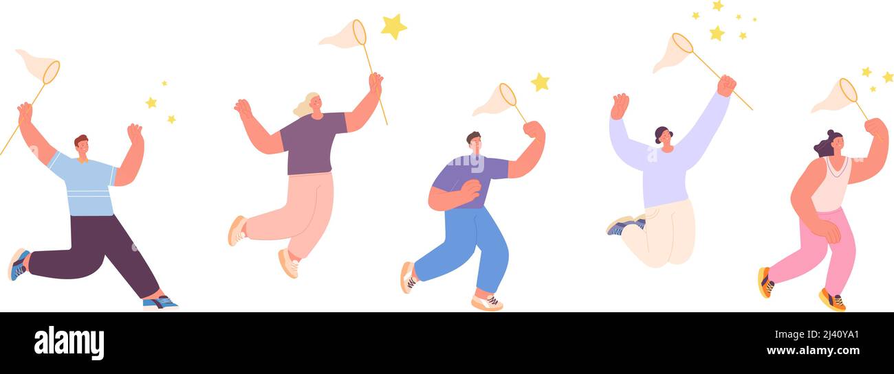 People catching stars. Person run jump and flying to star with net ...