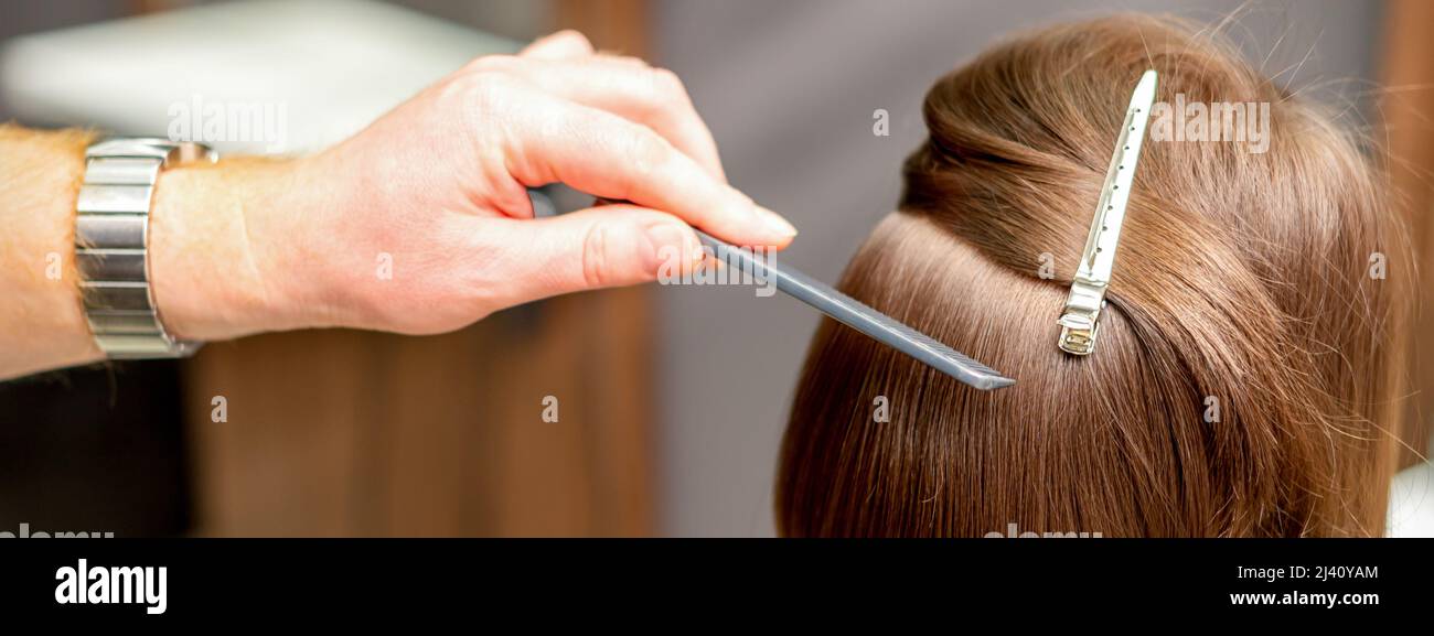 A hairdresser is combing the short hair of the brunette female client ...