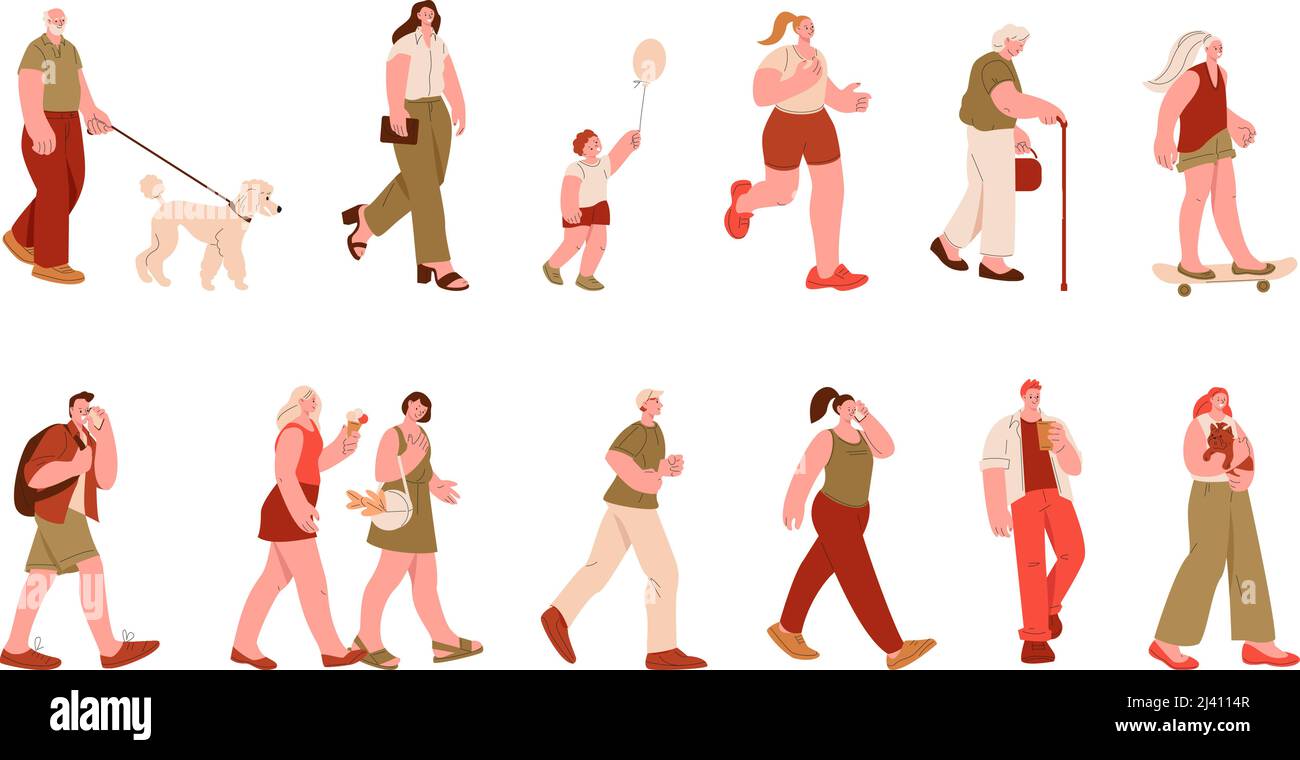 People walking. Outdoor walk characters, man woman run and go. Adult ...