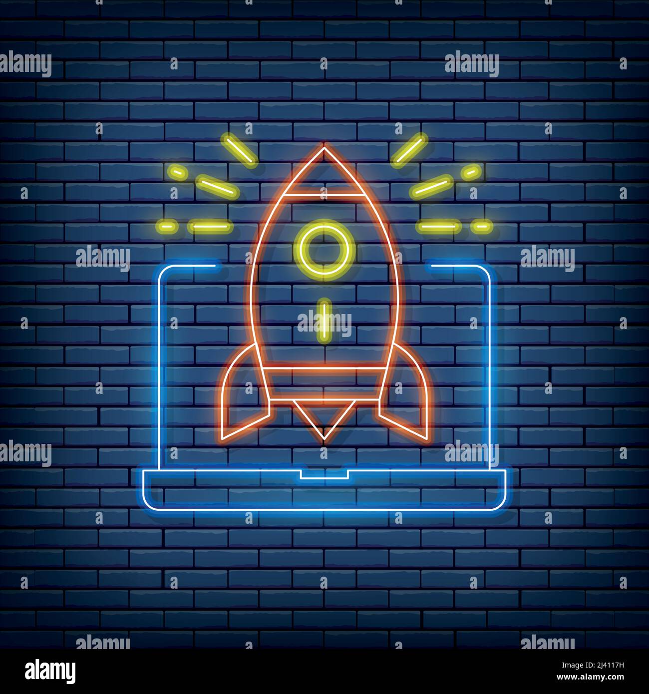 Vector rocket launch from laptop, startup neon sign. Vector ...