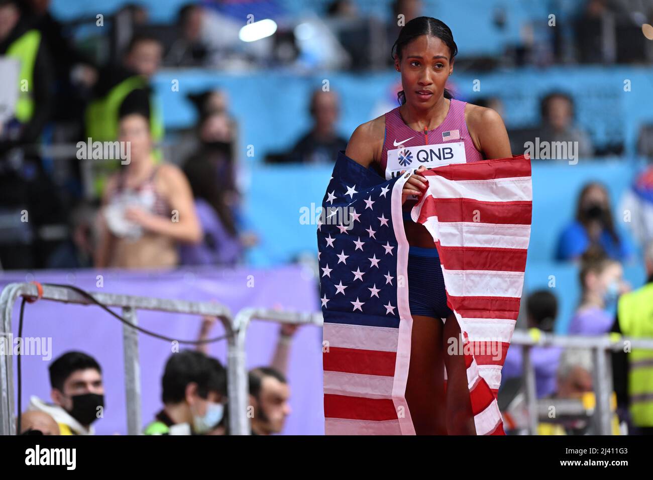 Ajee Wilson with the EEUU flag at the Belgrade 2022 Indoor World ...
