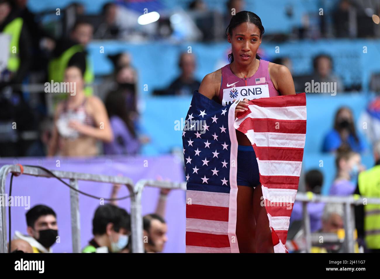 Ajee Wilson with the EEUU flag at the Belgrade 2022 Indoor World ...