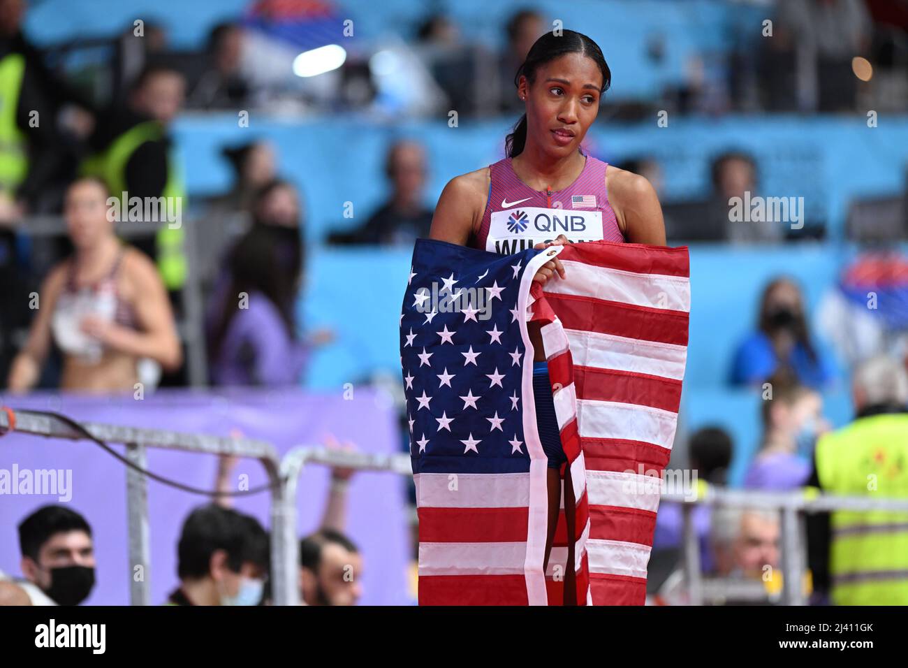 Ajee Wilson with the EEUU flag at the Belgrade 2022 Indoor World ...
