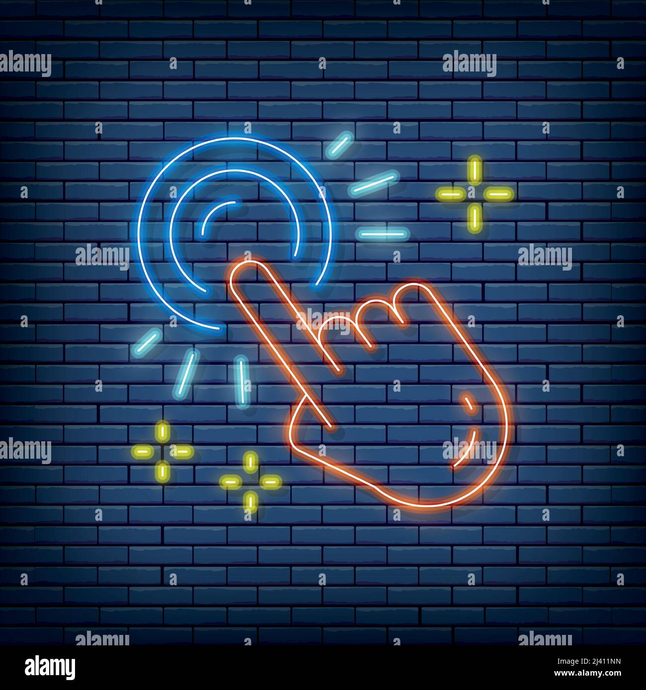 Vector hand click, button press, finger touch neon sign. Vector ...