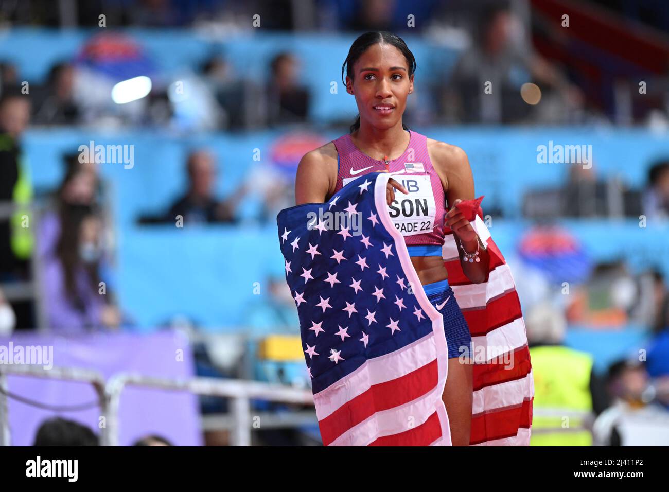 Ajee Wilson with the EEUU flag at the Belgrade 2022 Indoor World ...