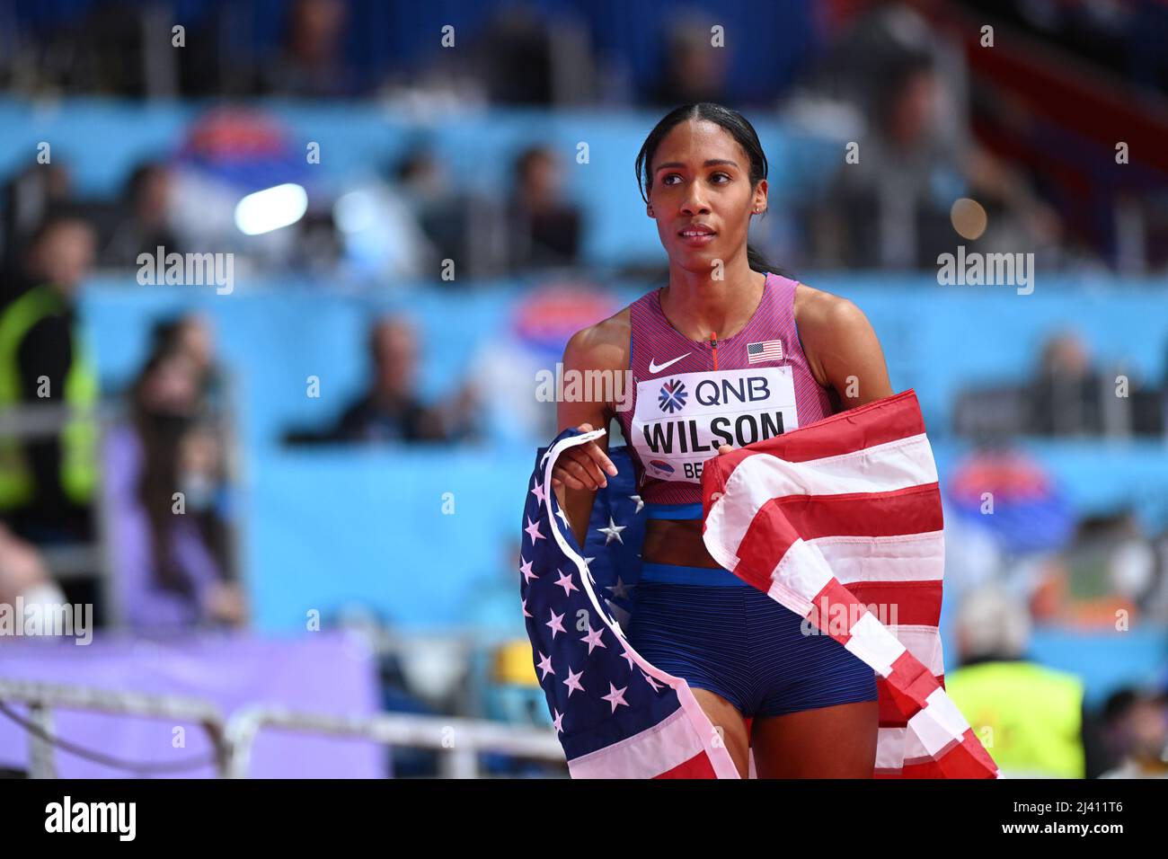 Ajee Wilson with the EEUU flag at the Belgrade 2022 Indoor World ...