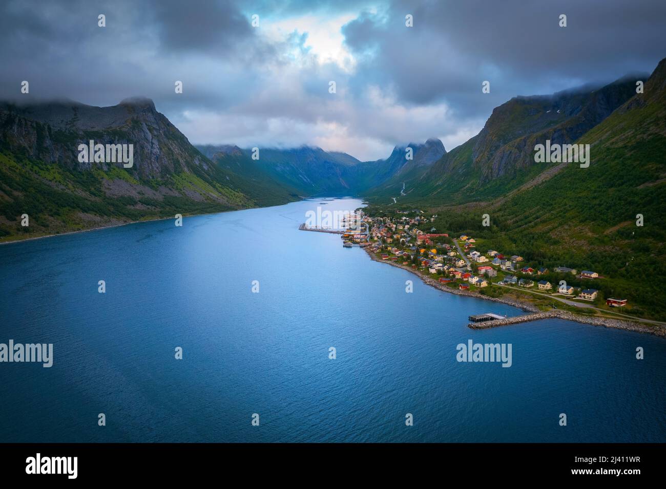 Aerial view of the Gryllefjord village and fjord on Senja Island ...